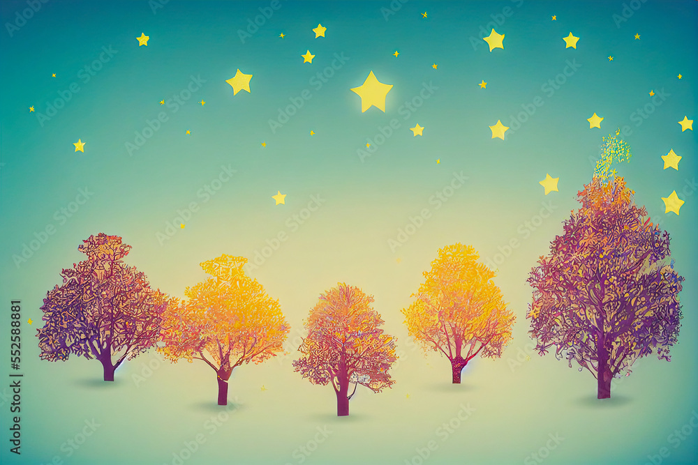 A magical alignment of trees and yellow stars illuminating the sky for ...
