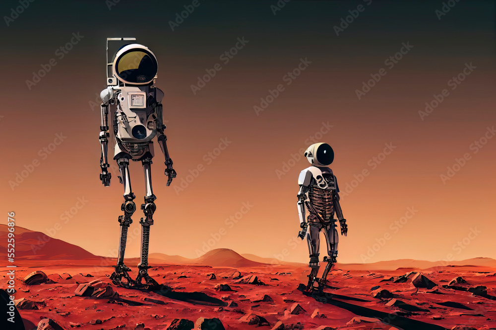 Robot astronaut. Robots on the planet Mars. Futuristic interpretation ...
