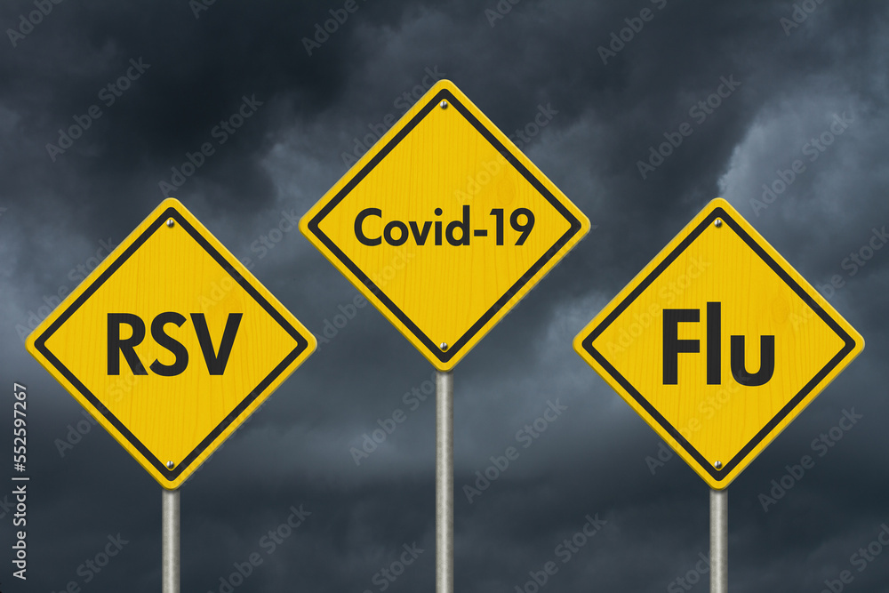RSV, covid-19 and flu yellow warning road sign Stock Photo | Adobe Stock