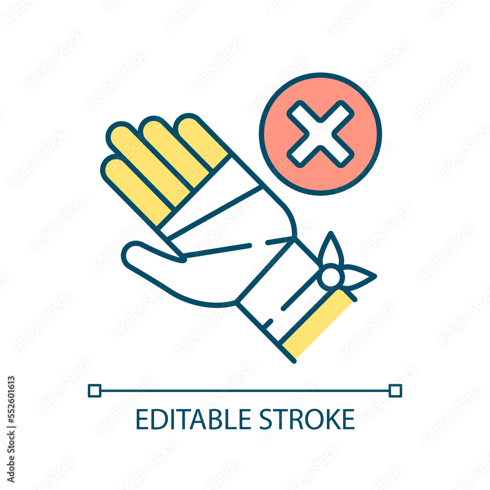 Injured hand with cancel sign RGB color icon. Gloves requirement ...