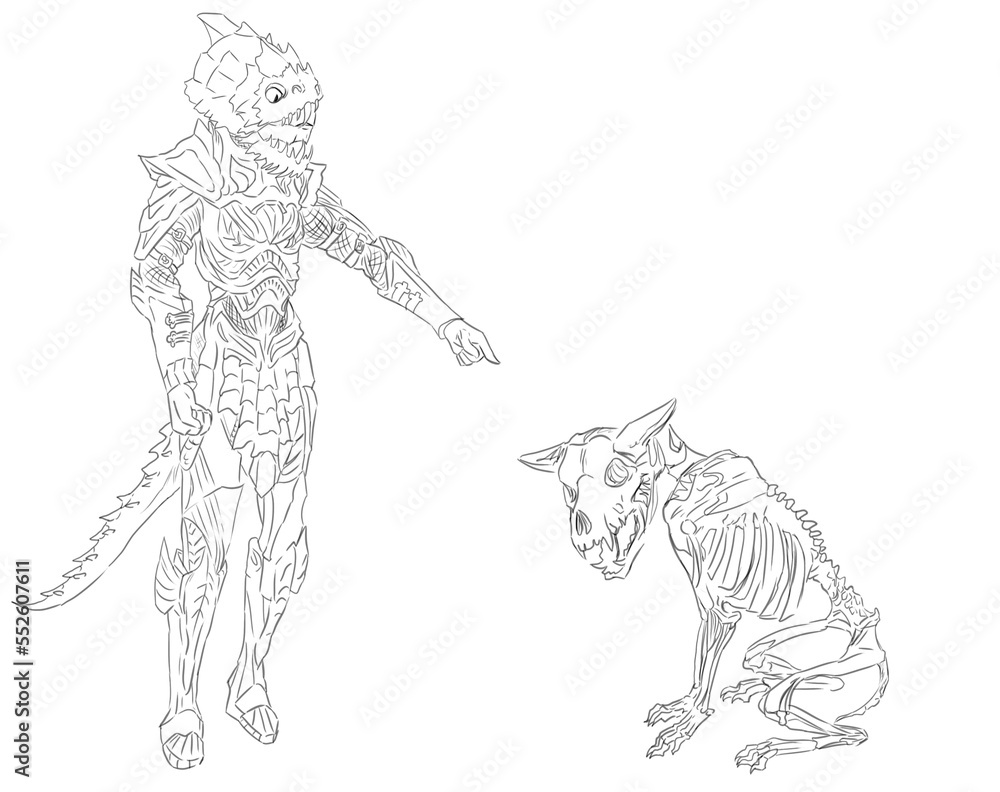 Digital illustration of an armored reptilian creature pointing an ...