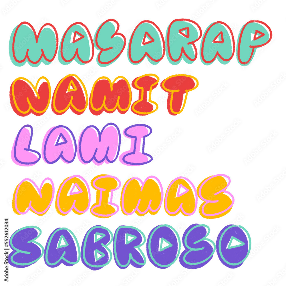 Lettering of the word "Masarap" in rainbow colors, translated into ...
