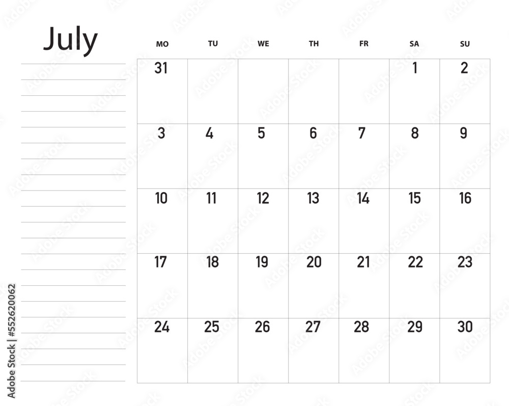 July 2023 Calendar To Do List Planner Adobe Stock