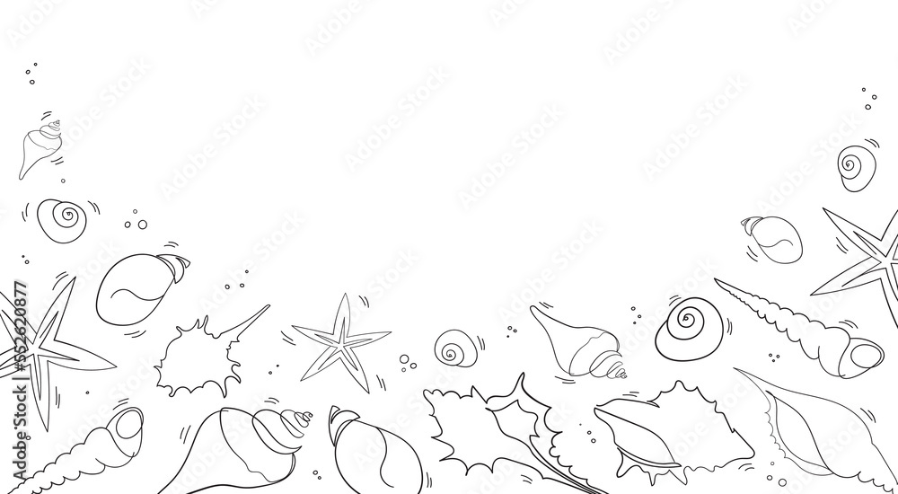 Seashells banner in doodle stile. One line drawing of a shell. Hand ...