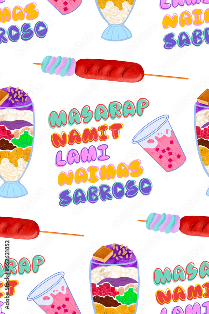 Filipino fiesta illustrated pattern with halo-halo, hotdog marshmallow ...