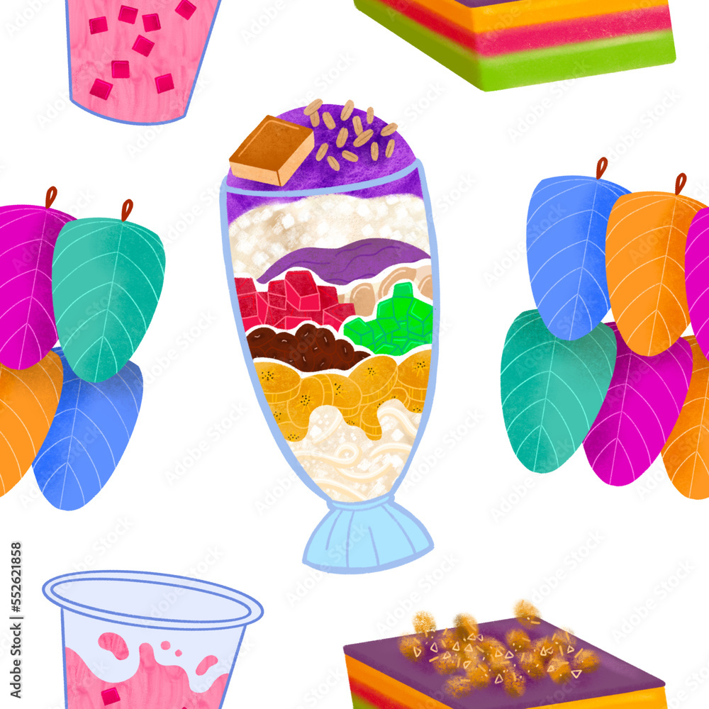 Filipino fiesta illustrated pattern with halo-halo, pink gulaman, sapin ...