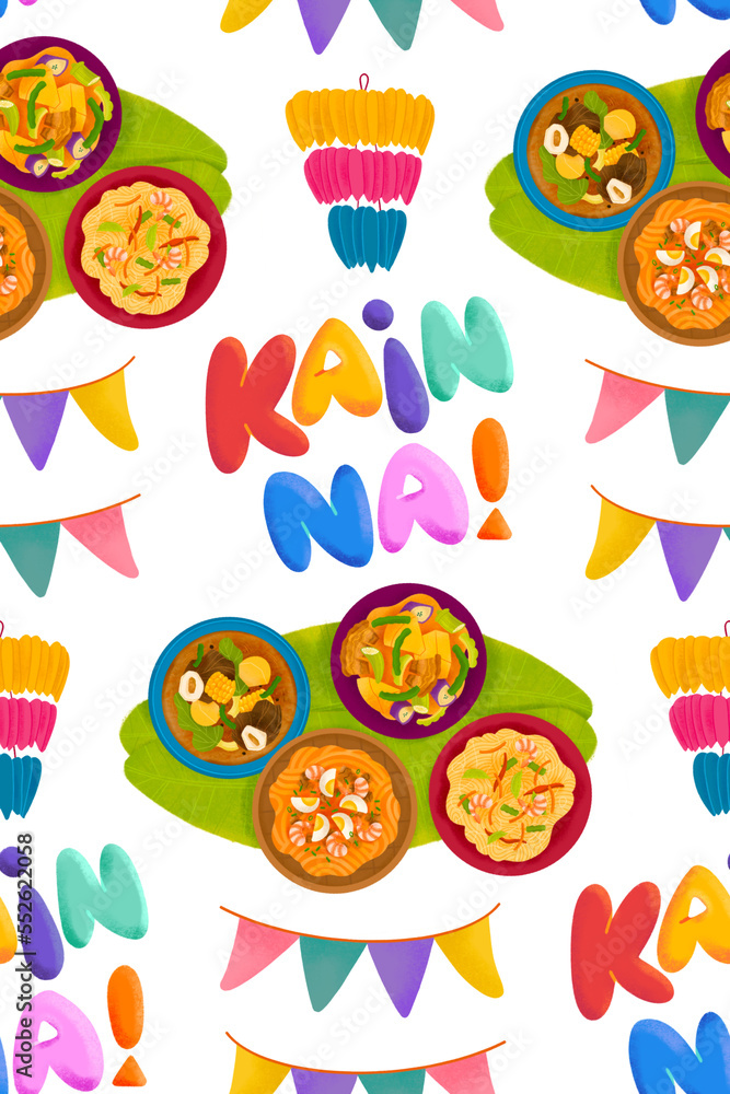 ภาพประกอบสต็อก Filipino fiesta illustrated pattern with stews, pansit ...