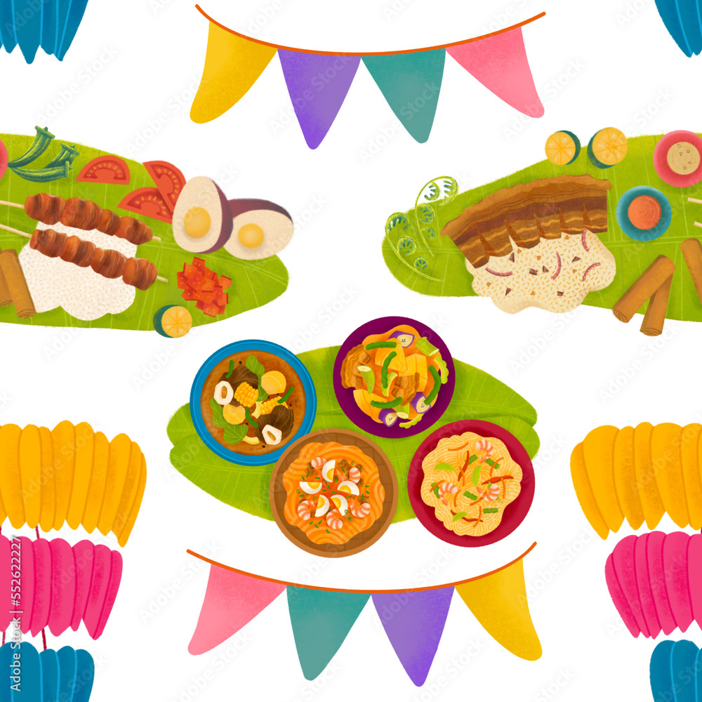 Filipino fiesta illustrated pattern with stews, pansit, meat boodle ...