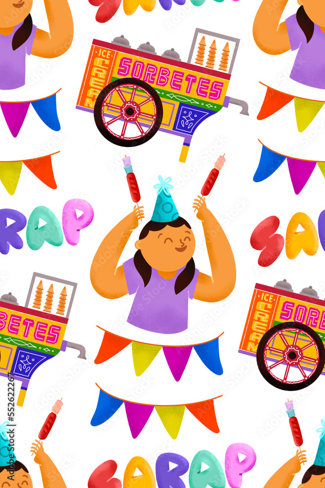 Poster Filipino fiesta illustrated pattern with girl holding hotdog ...