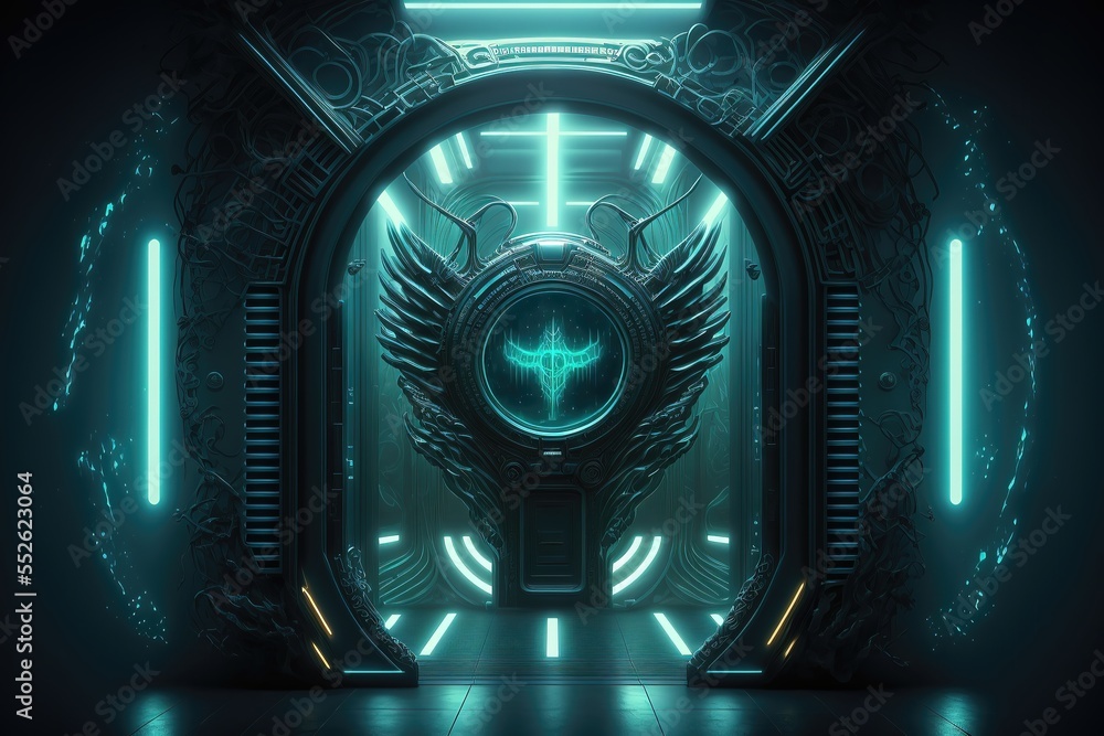 High tech fantasy round portal neon light, illumination entrance ...