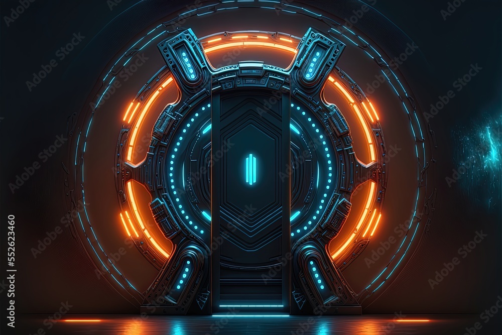 High tech fantasy round portal neon light, illumination entrance ...