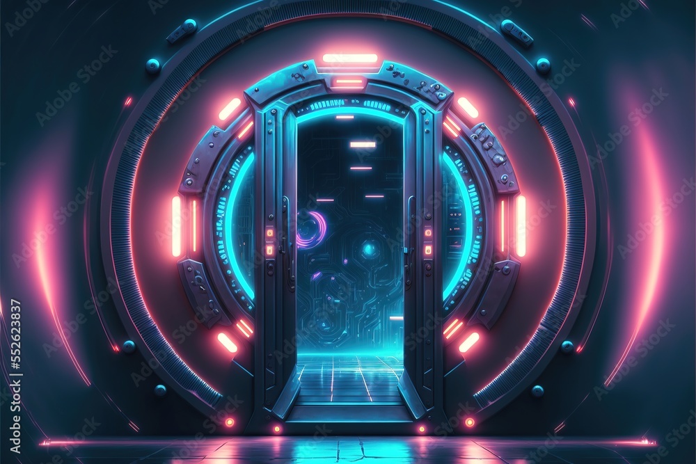 High tech fantasy round portal neon light, illumination entrance ...