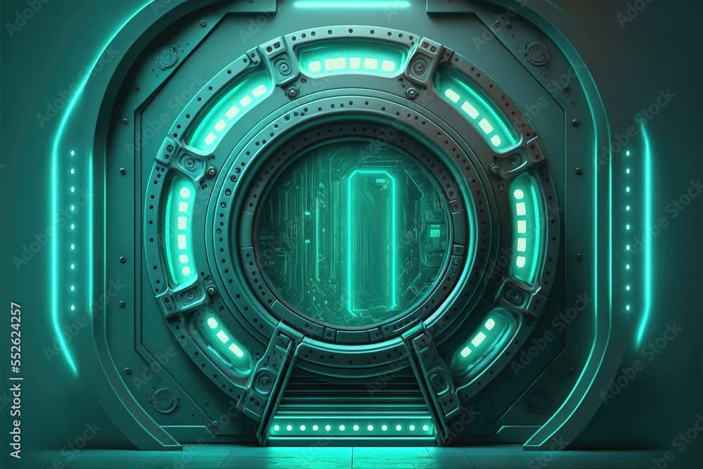 High tech fantasy round portal neon light, illumination entrance ...