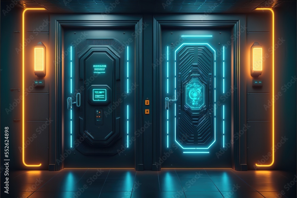 Intergalactic high-tech doors with instruments, display and neon light ...