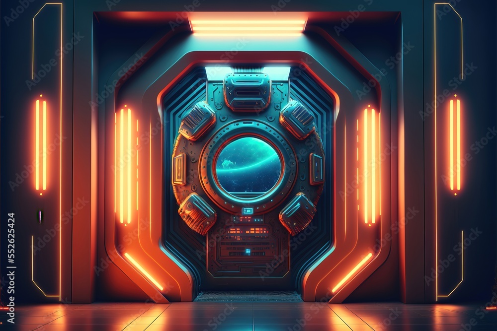Intergalactic high-tech doors with instruments, display and neon light ...