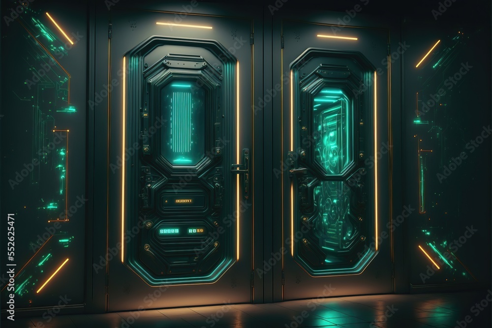 Intergalactic high-tech doors with instruments, display and neon light ...