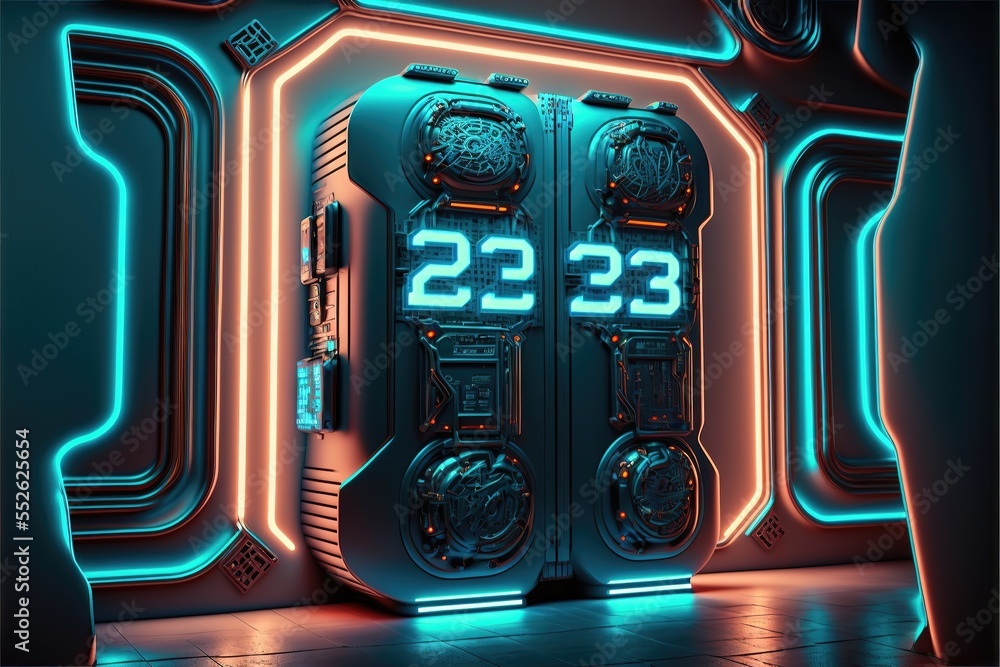 Intergalactic high-tech doors with instruments, display and neon light ...