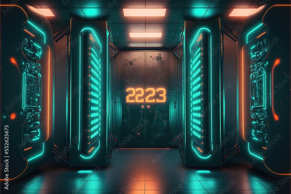 Intergalactic high-tech doors with instruments, display and neon light ...