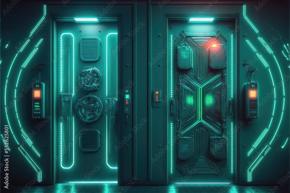 Intergalactic high-tech doors with instruments, display and neon light ...