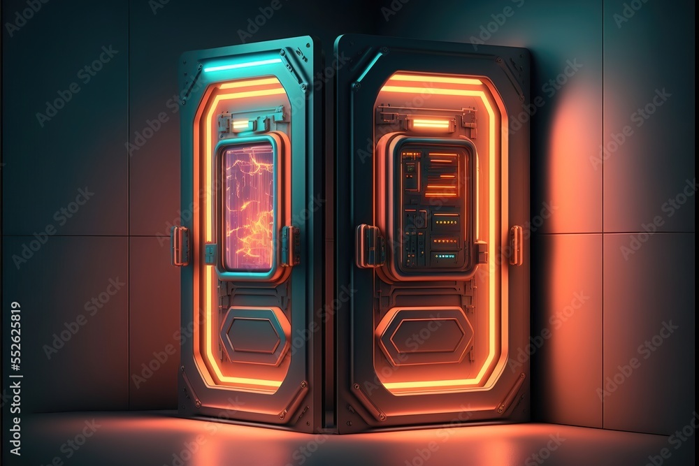 Intergalactic high-tech doors with instruments, display and neon light. Abstract room with doors ...