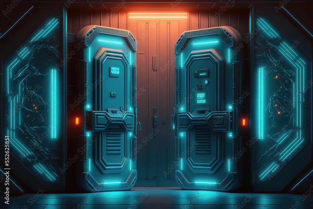 Intergalactic high-tech doors with instruments, display and neon light ...