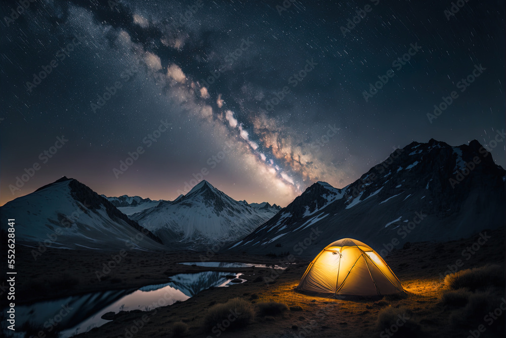 A beautiful alpine night sky adorned by stars and a well-lit tent at a ...