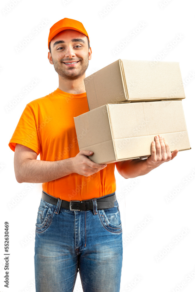 Delivery man with a box. Courier in uniform cap and t-shirt service ...