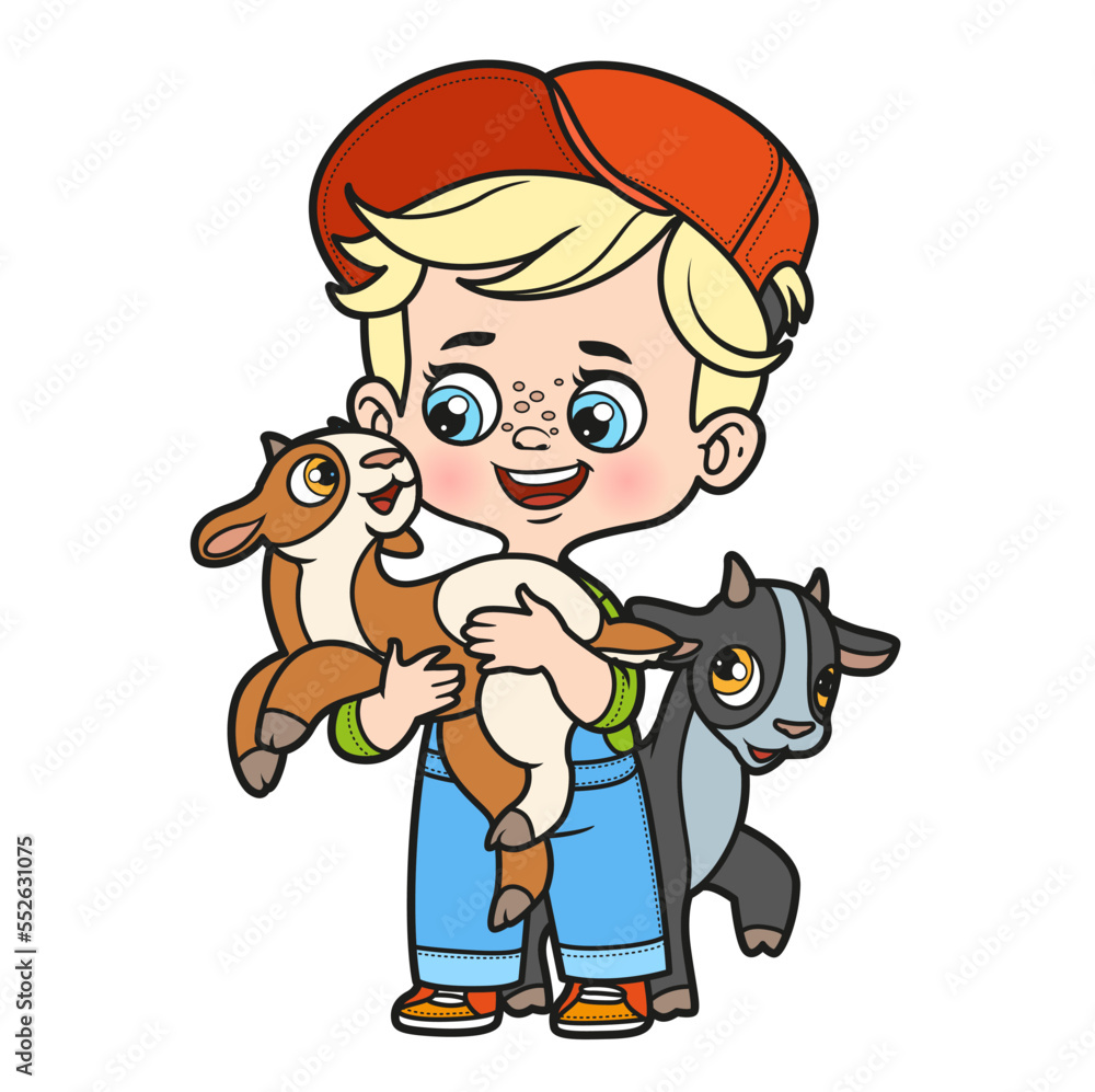 Cute cartoon boy holds a little goat in arms color variatiion for ...