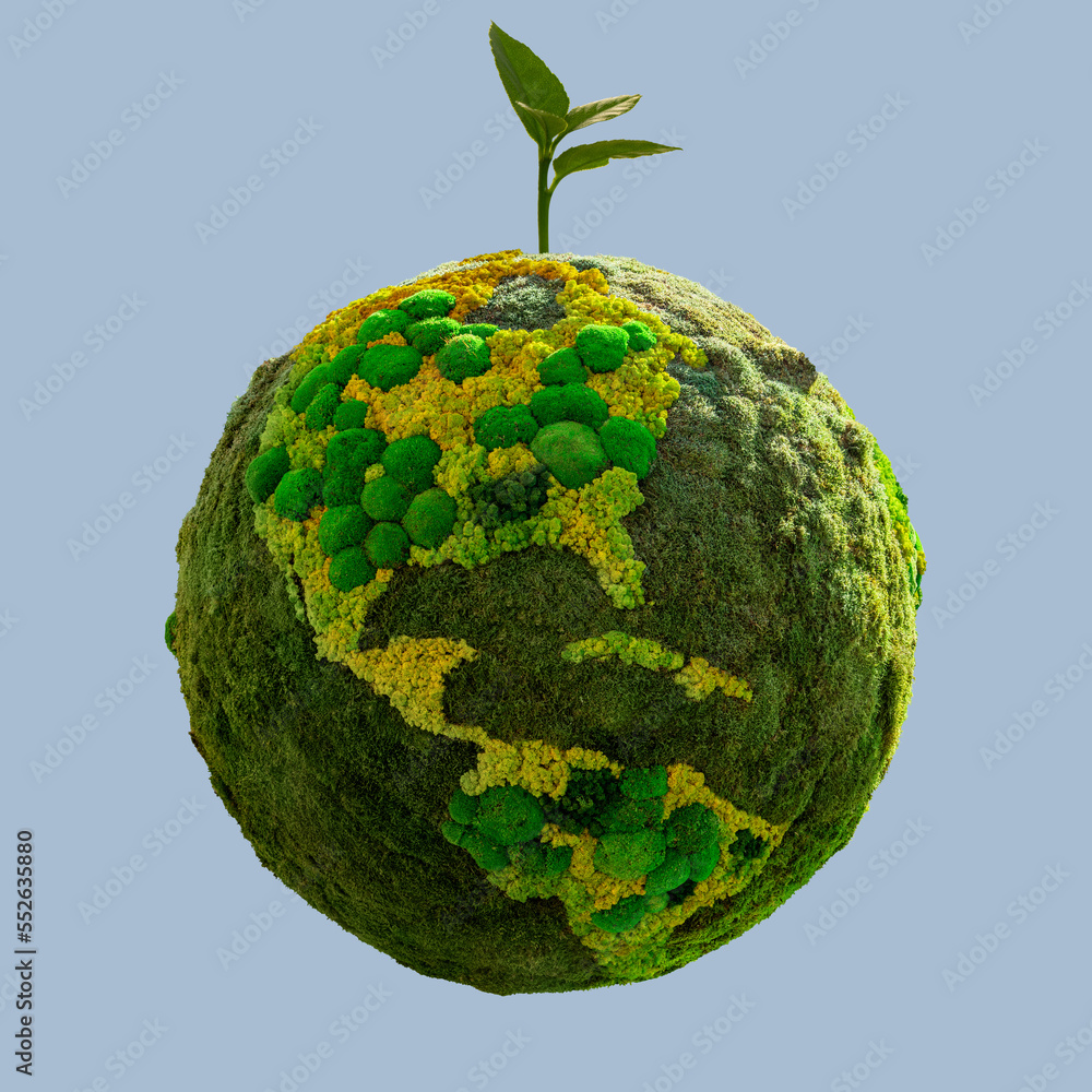Green planet Earth from natural moss with plant. Symbol of sustainable ...
