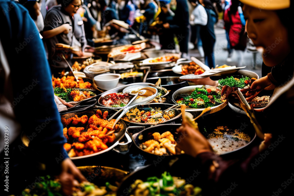 photography of a group of people in a market standing around a table ...