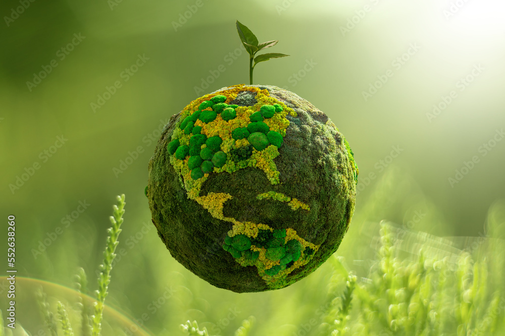 Fotka „Green planet Earth from natural moss with plant. Symbol of ...