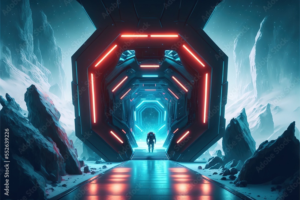 Abstract blue neon background with a sci-fi thaw frozen in ice. Fantasy ...