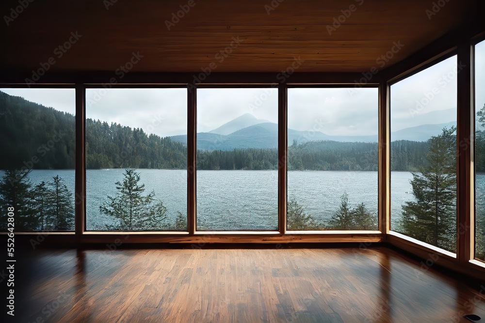 Cabin in the woods, large windows, forest view and lake Stock ...