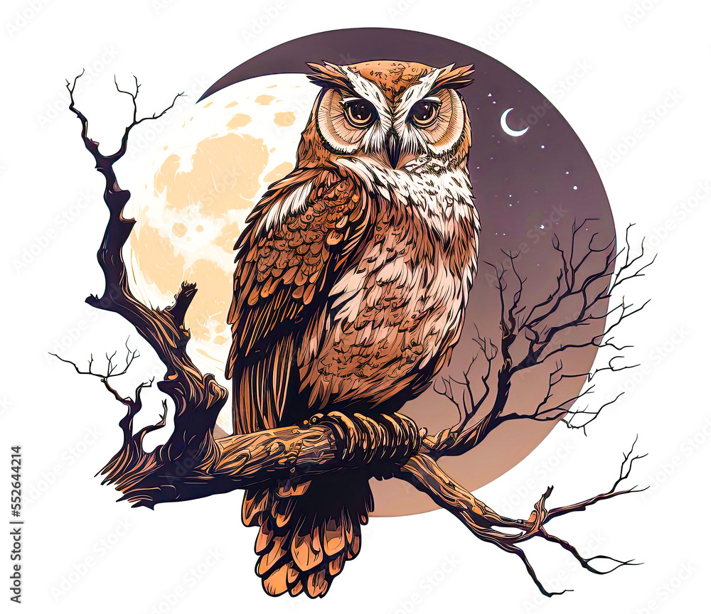 An owl sitting on a tree branch with a full moon in the background, A Generative AI drawing ...