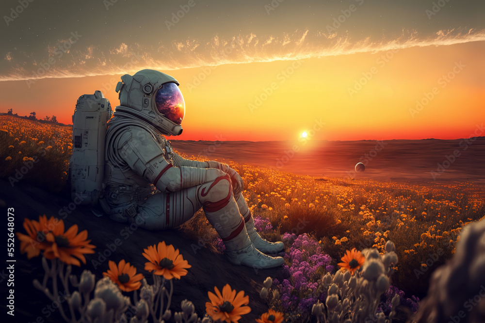 Beautiful astronaut sitting in in a field of flowers on a different ...