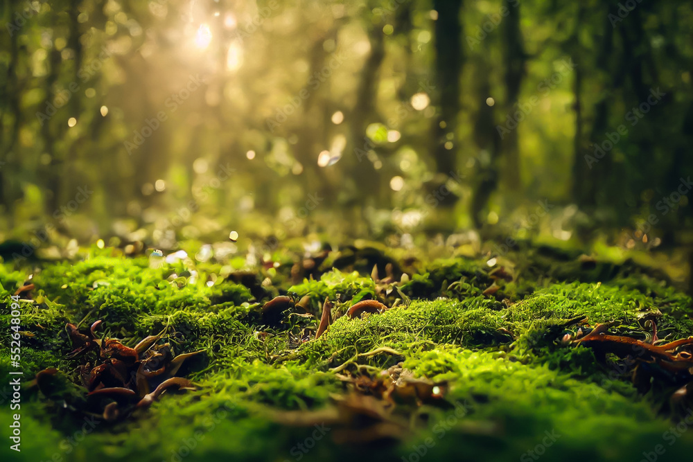 Moss-covered forest, sunlight, and mist falling among the trees, fungi grow on the ground ...