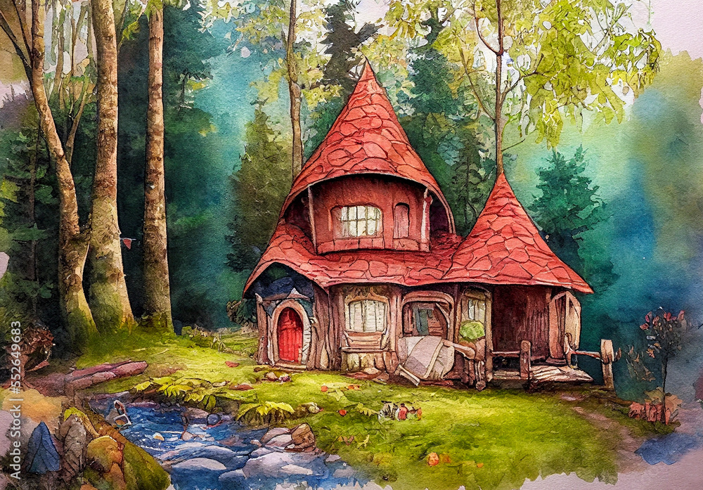 Fantasy house in forest, generative ai illustration in watercolor style ...