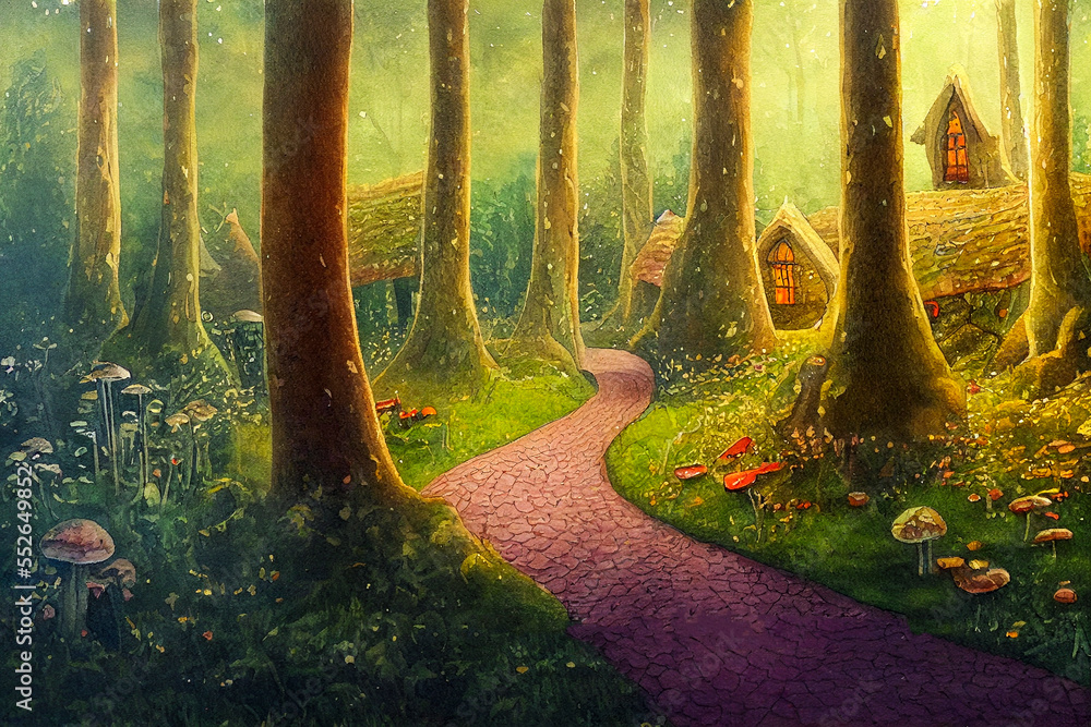 Fairy tale forest with road and small houses, generative ai ...