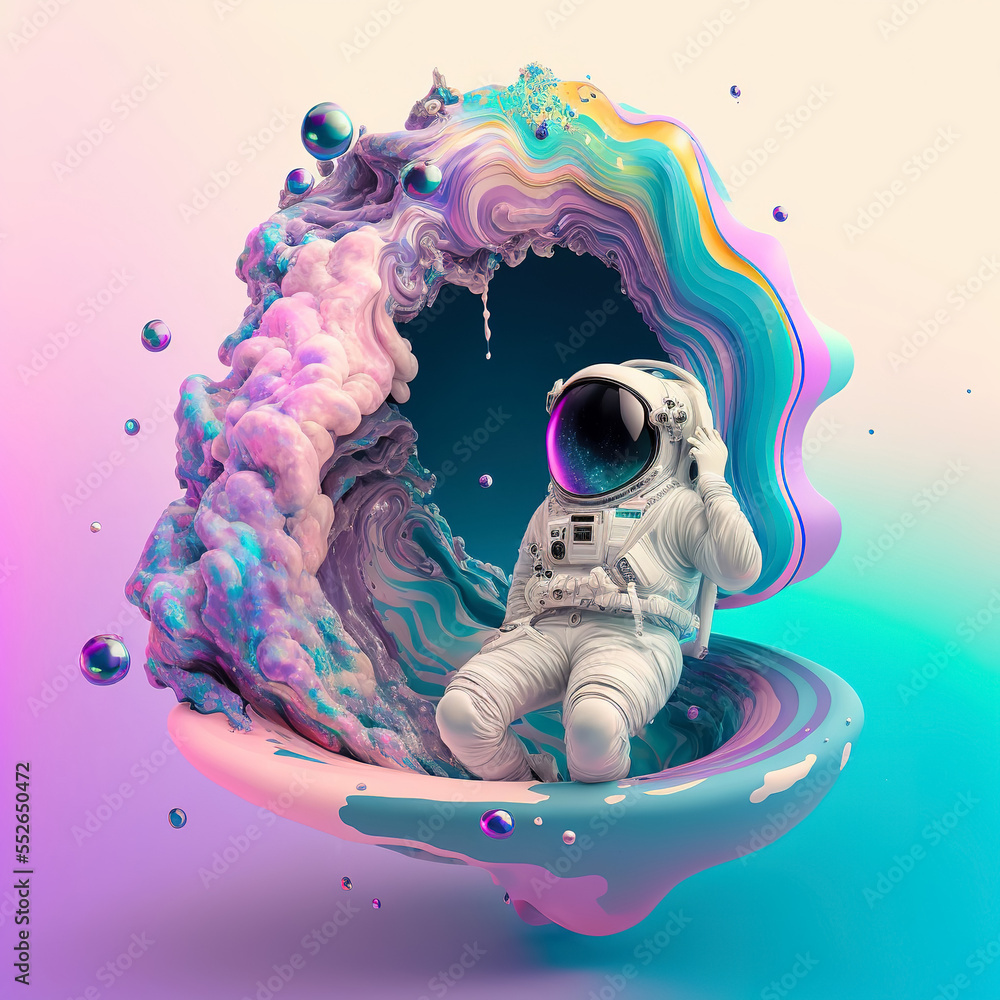 Beautiful painting of an astronaut in in a colorful bubbles galaxy on a ...