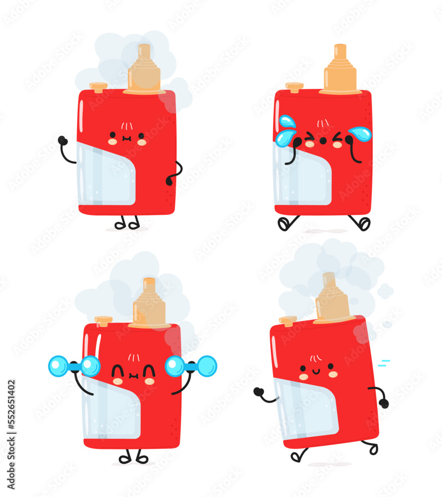 Funny cute happy vape characters bundle set. Vector hand drawn doodle ...