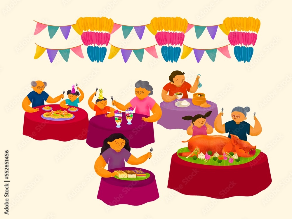 Filipino fiesta community meal with banderitas and kiping centerpiece ...