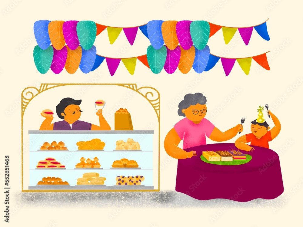 Filipino fiesta scene of bakery facade with grandmother and grandson ...