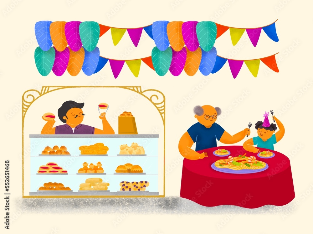 Filipino fiesta scene of bakery facade with grandmother and ...