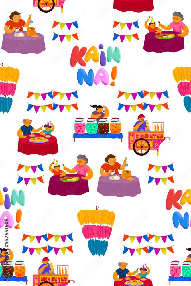 Filipino fiesta scene pattern on people eating outdoors with samalamig ...