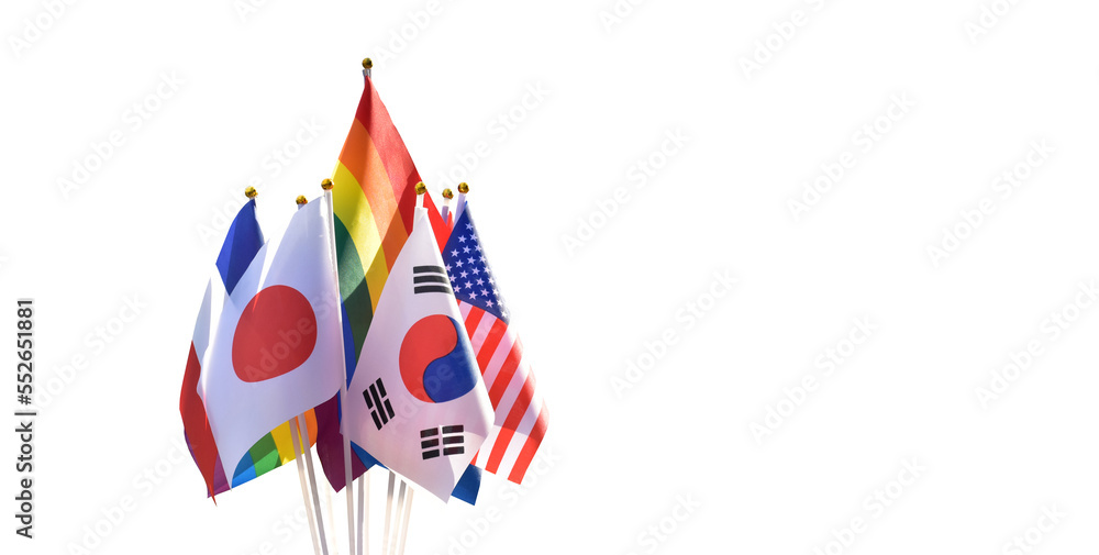 Isolated rainbow flags and flags of many countries with clipping paths ...