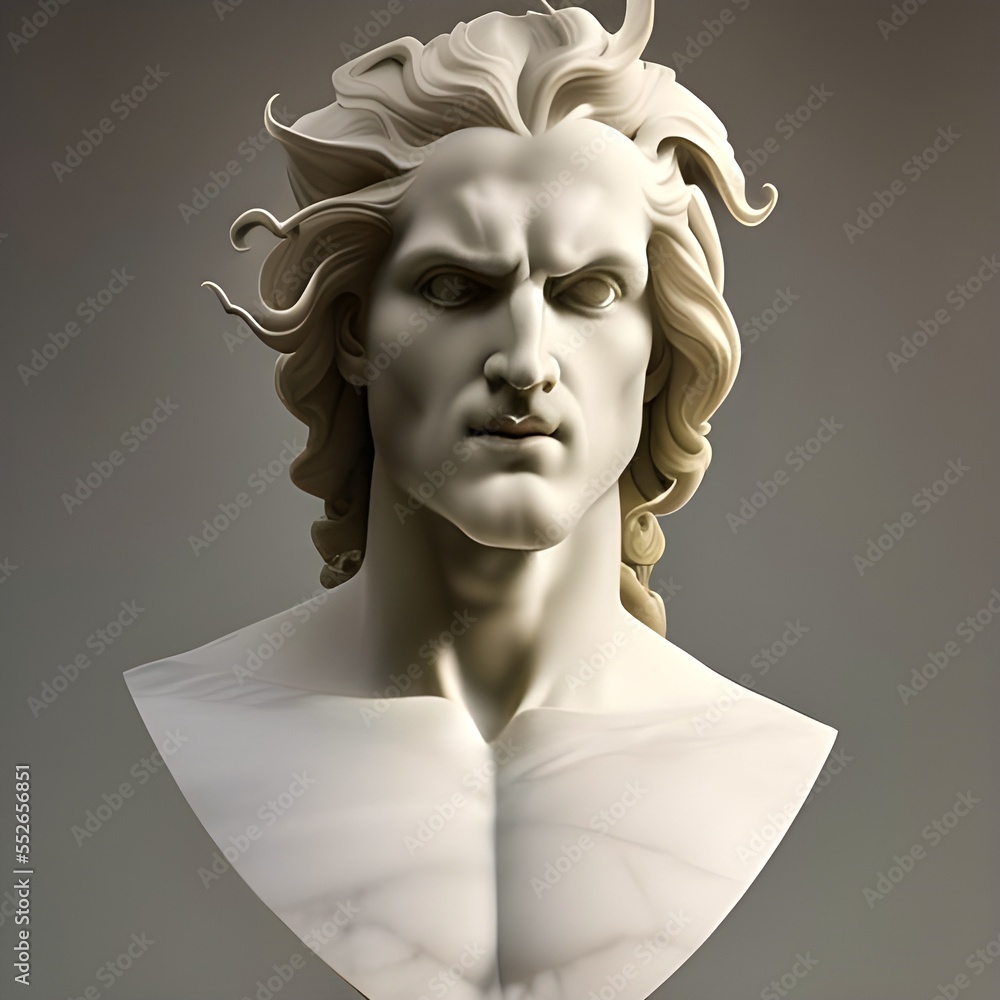 Generative AI image featuring a white marble statue bust of a handsome ...