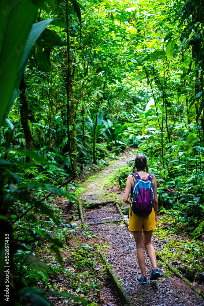 girl photographer walks through dense Costa Rican tropical rainforest ...