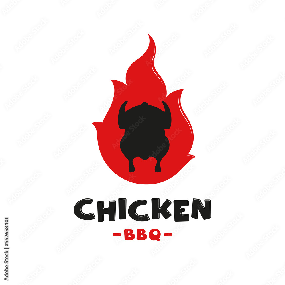 Black silhouette of a chicken on a background of red fire. Barbecue ...