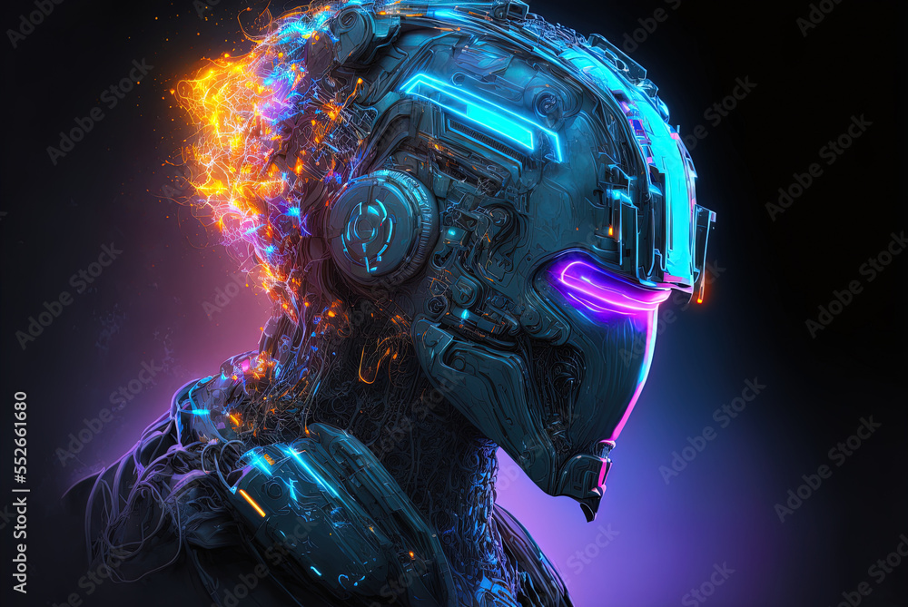 Neon-lit digital artwork depicting a robot's mechanical cyborg helmet ...
