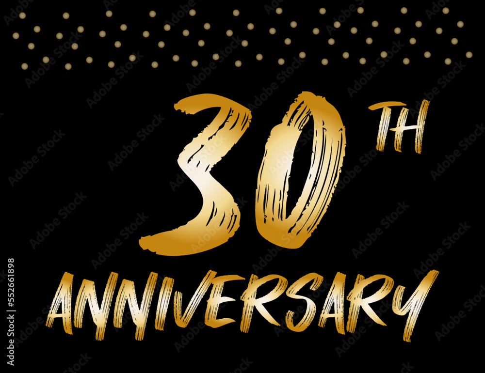 30th anniversary logo with confetti golden. Thirty years gold brush ink ...